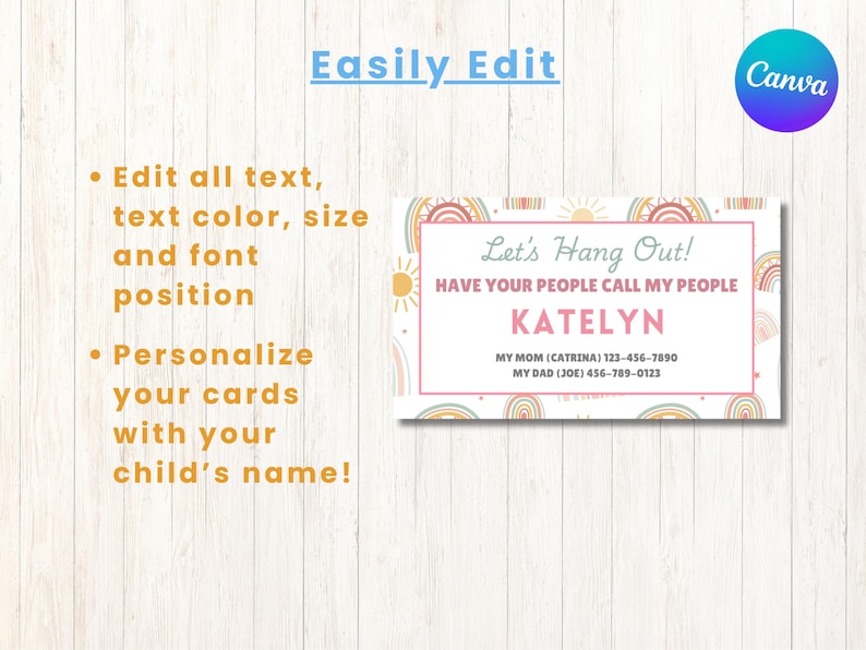 KIDS CONTACT CARDS | Girls Play Date Cards | Cute Playdate Calling ...