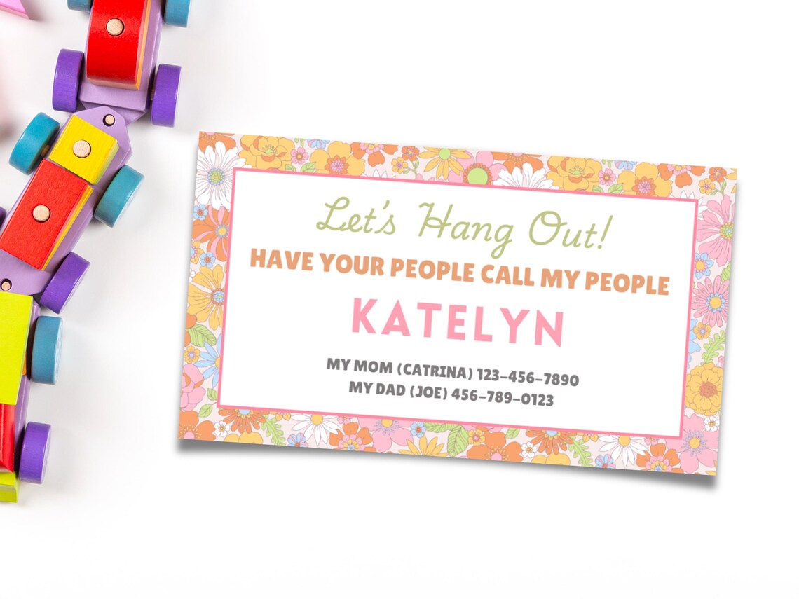 KIDS CONTACT CARDS | Girls Play Date Cards | Cute Playdate Calling ...