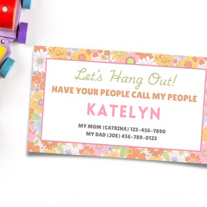 KIDS CONTACT CARDS | Girls Play Date Cards | Cute Playdate Calling ...