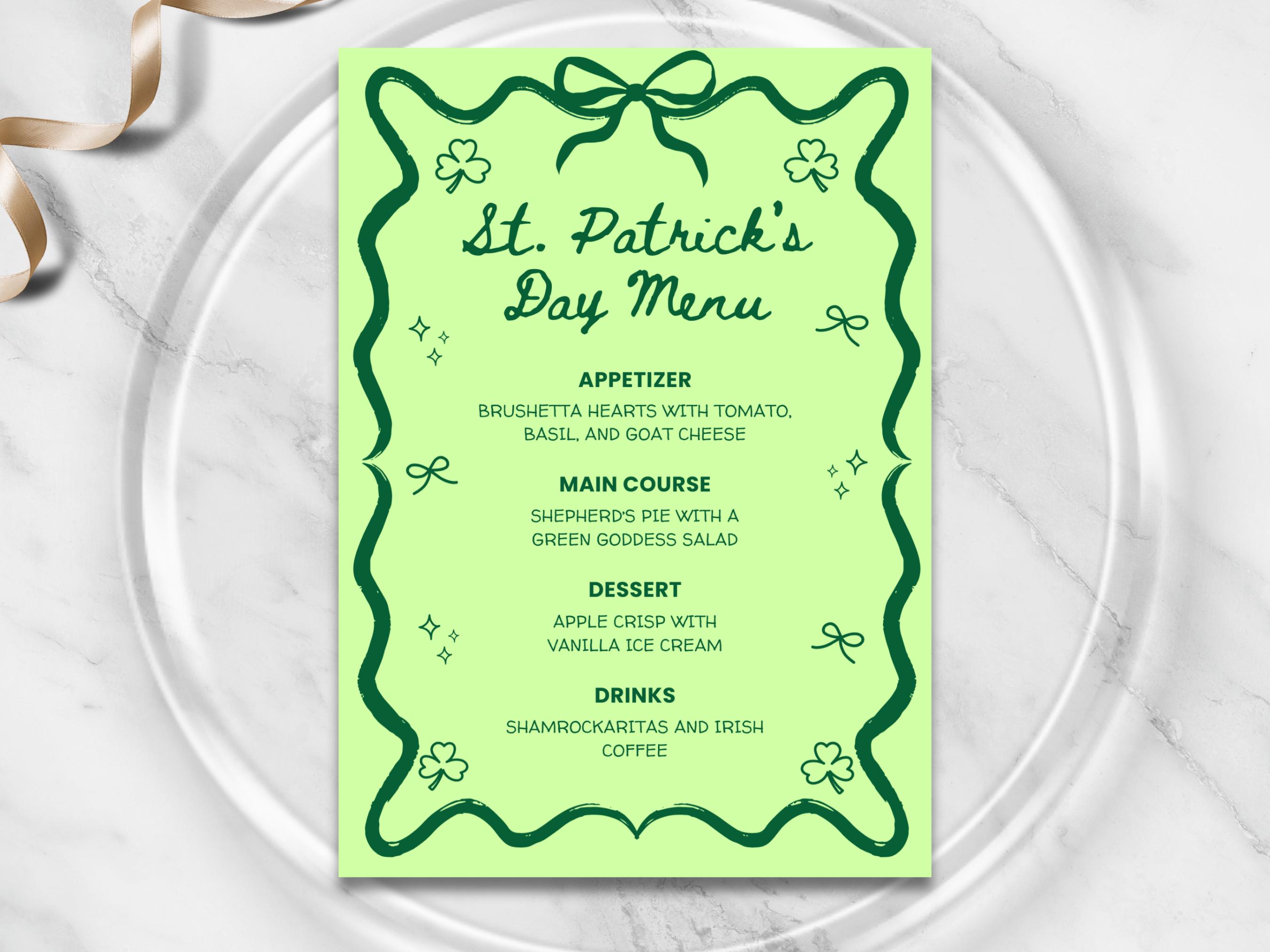 ST. PATRICK'S DAY Menu | Coquette Green Shamrock Menu | Wavy Aesthetic ...