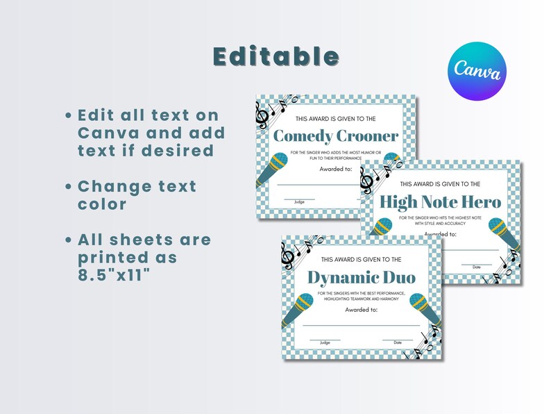 18 KARAOKE AWARD CERTIFICATES | Blue Checkered | Fun Karaoke Night ...