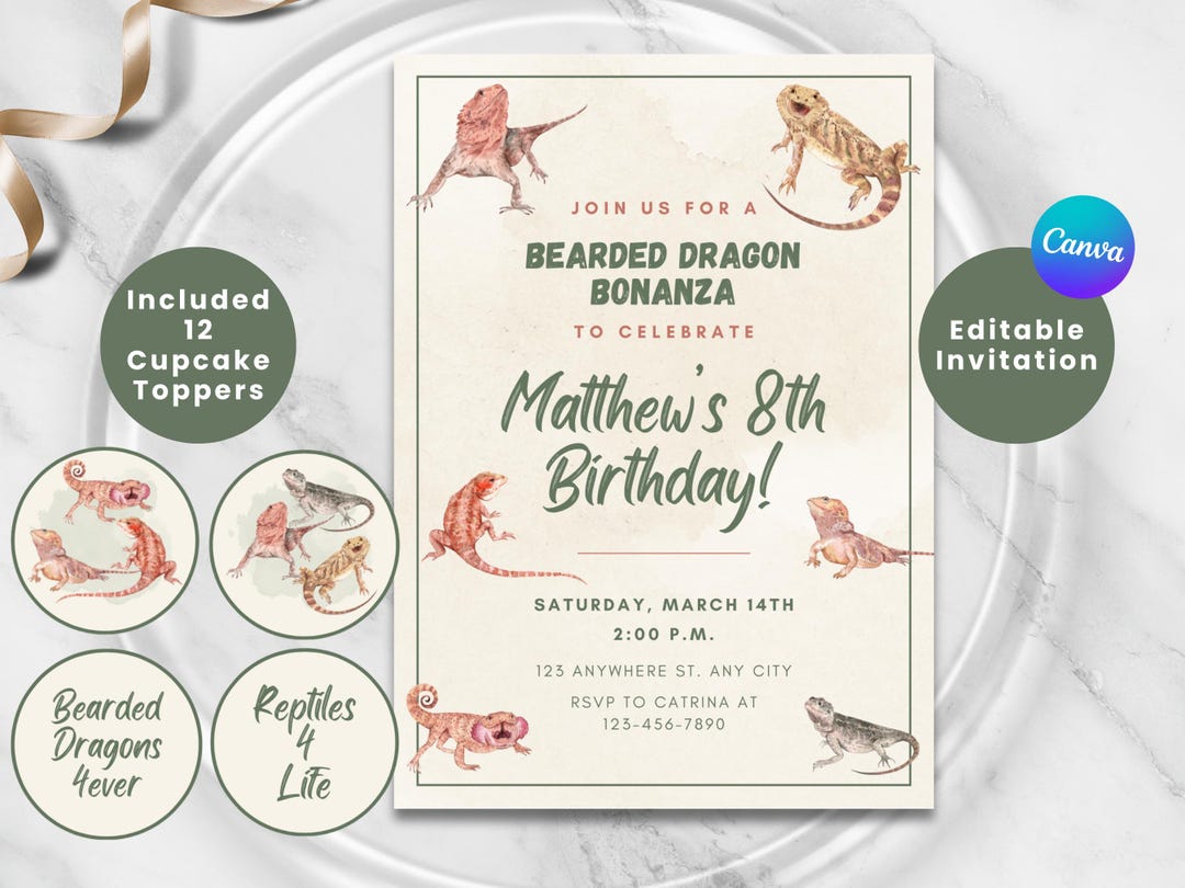 BEARDED DRAGON BIRTHDAY Invitation | Reptile Invites | Kids Birthday ...