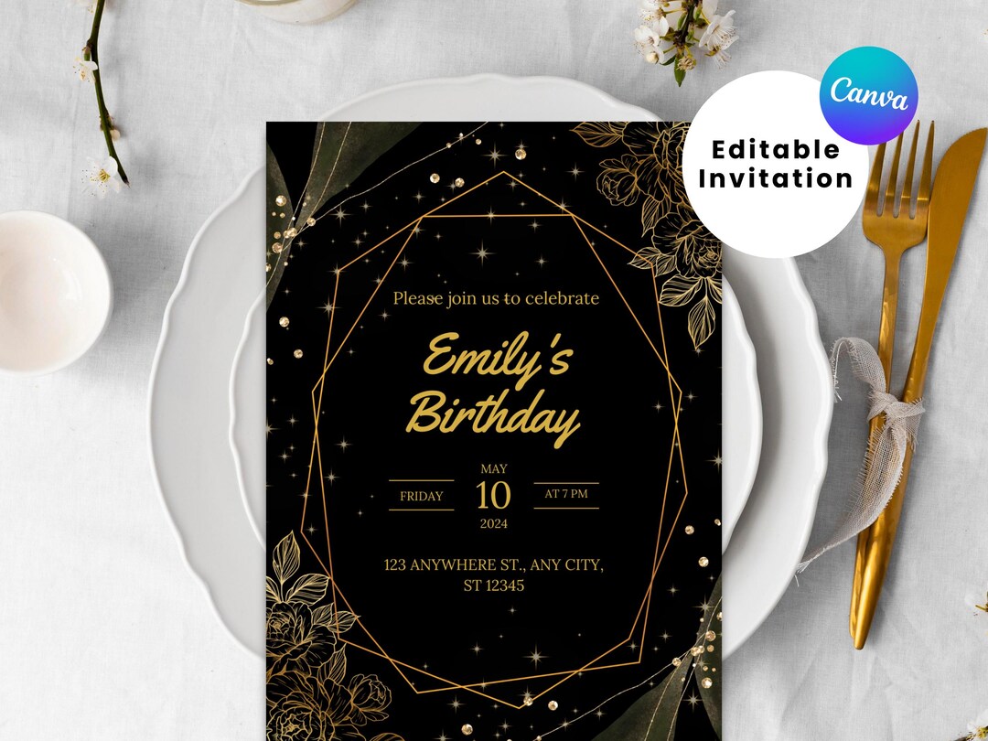 BLACK and GOLD BIRTHDAY Invitation | Black and Gold Invites | Black and ...
