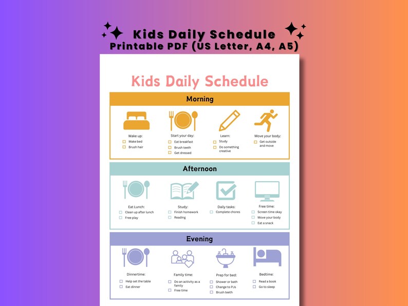 Kids Daily Schedule | Kids Responsibilities Chart Printable | Daily ...