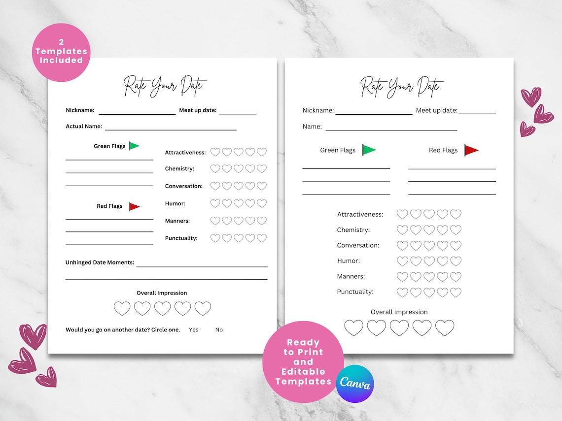 RATE YOUR DATE Templates | Ready to Print Date Evaluation | Dating ...