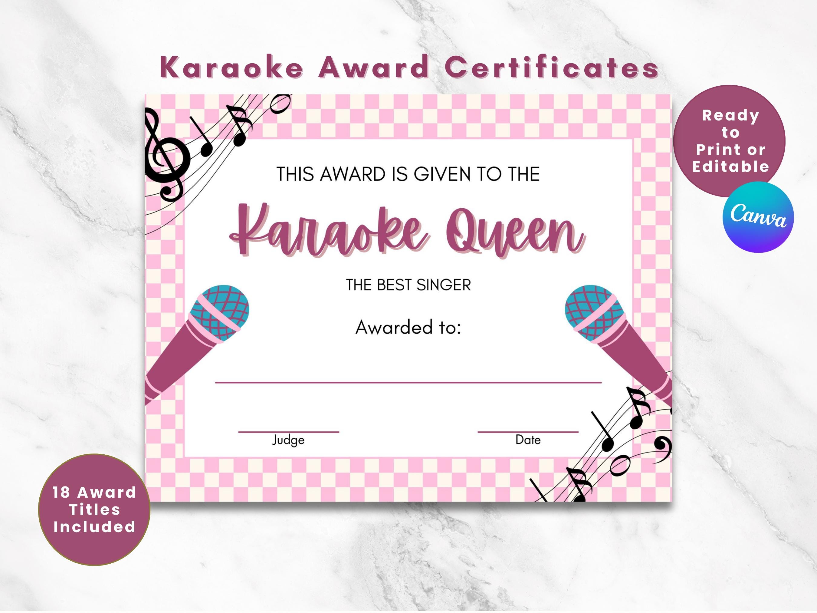 18 KARAOKE AWARD CERTIFICATES | Pink Checkered | Fun Karaoke Night ...