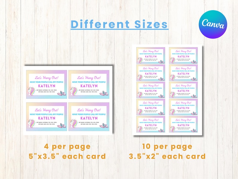 KIDS CONTACT CARDS | Girls Play Date Cards | Cute Playdate Calling ...