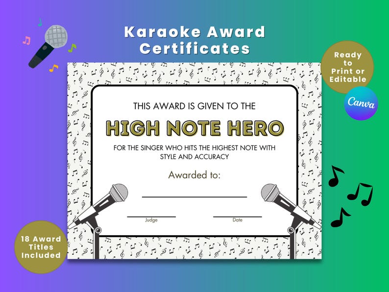 18 KARAOKE AWARD CERTIFICATES | Competition | Fun Karaoke Night Bundle ...