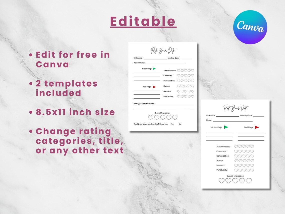 RATE YOUR DATE Templates | Ready to Print Date Evaluation | Dating ...