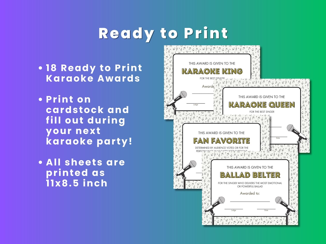 18 KARAOKE AWARD CERTIFICATES | Competition | Fun Karaoke Night Bundle ...