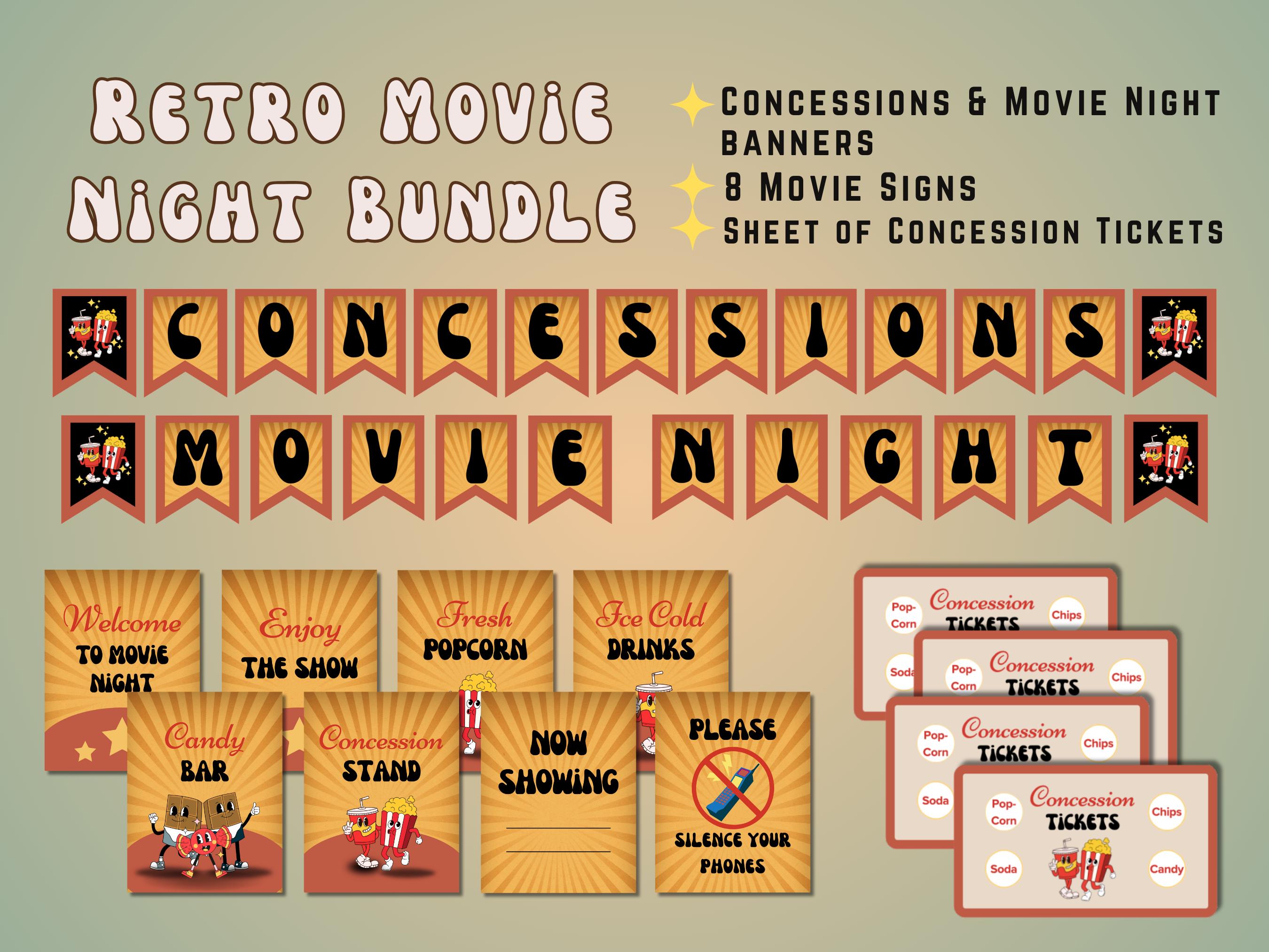 Retro MOVIE NIGHT PARTY Bundle | Movie Banner | Movie Tickets | Movie ...