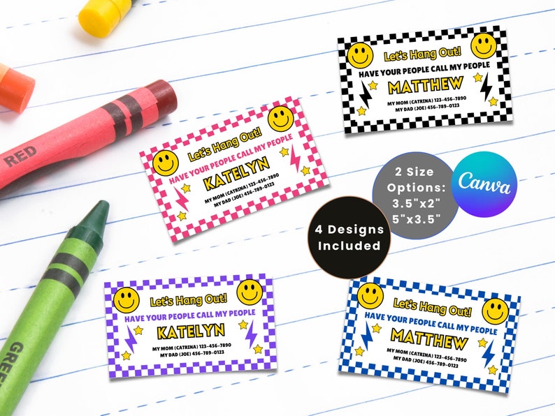 KIDS CHECKERED CONTACT Cards | Boys Play Date Cards | Fun Playdate ...