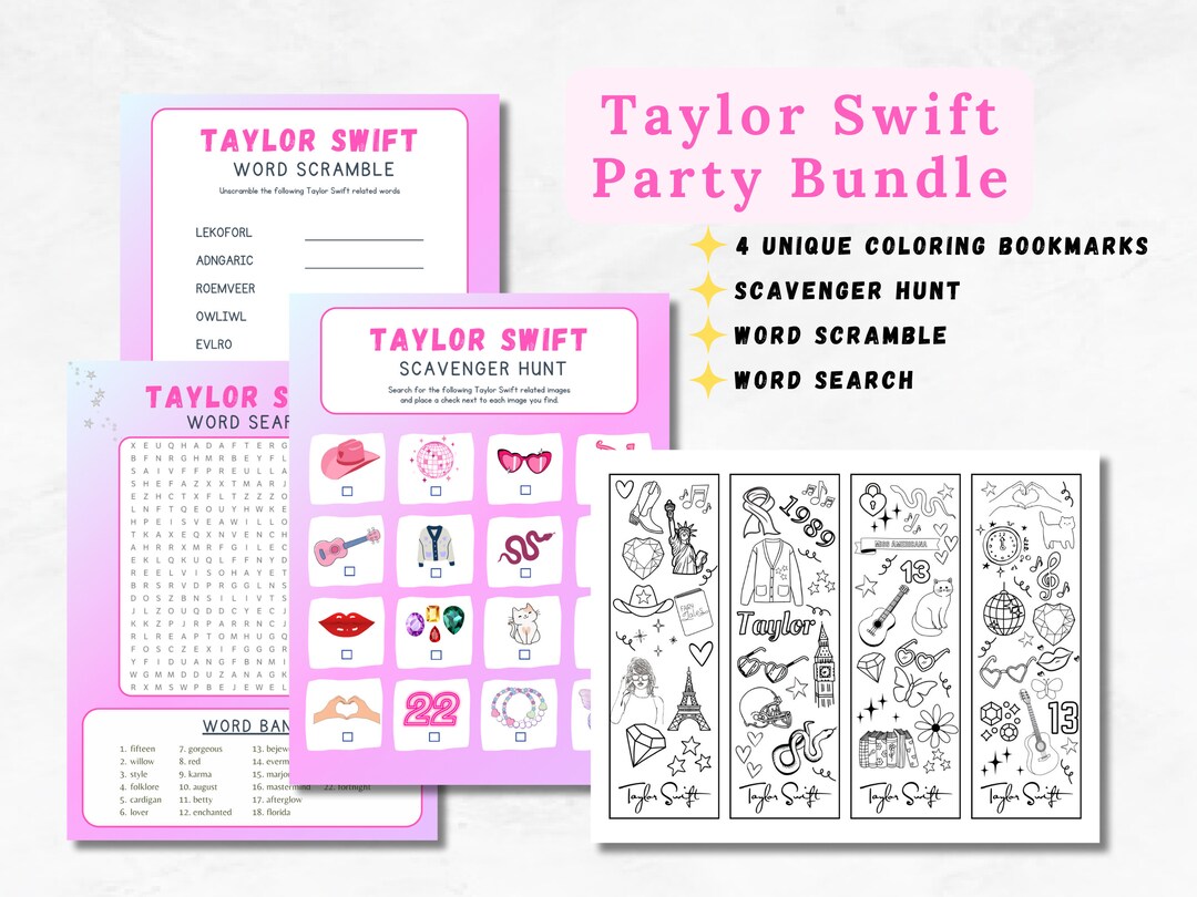 TAYLOR SWIFT PARTY Bundle Taylor Swift Bookmarks Word Search Word ...