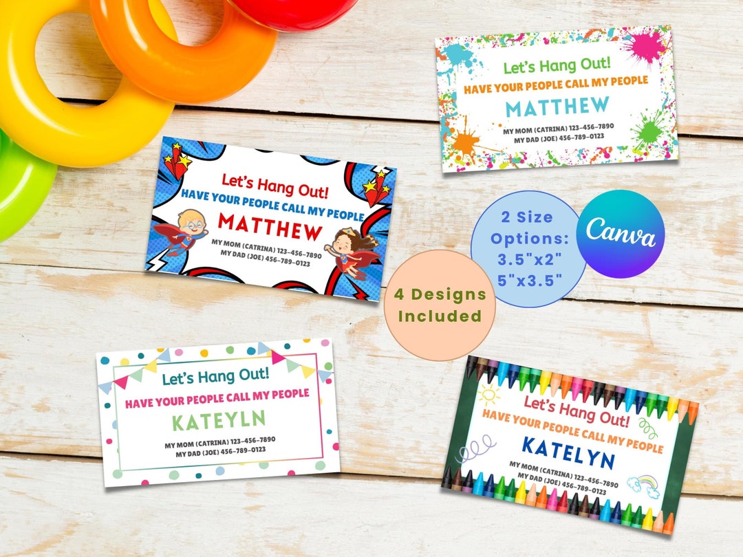 KIDS CONTACT CARDS | Boys Play Date Cards | Fun Playdate Calling Cards ...