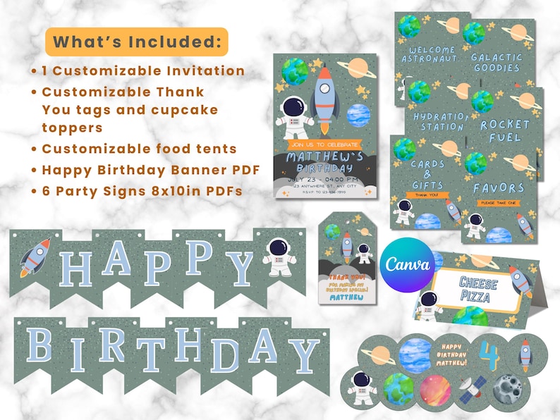 Space BIRTHDAY PARTY BUNDLE | Space Invitation | Food Tents | Name ...