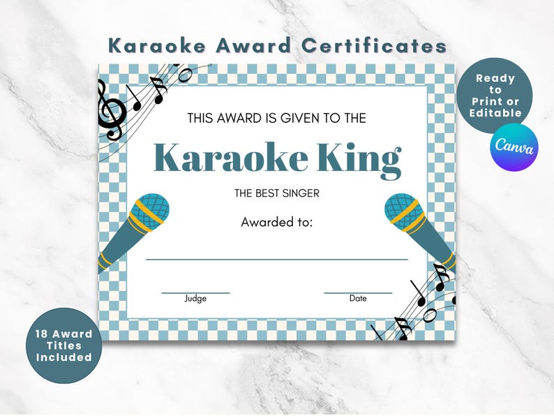 18 KARAOKE AWARD CERTIFICATES | Blue Checkered | Fun Karaoke Night ...