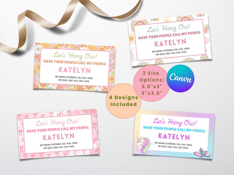 KIDS CONTACT CARDS | Girls Play Date Cards | Cute Playdate Calling ...