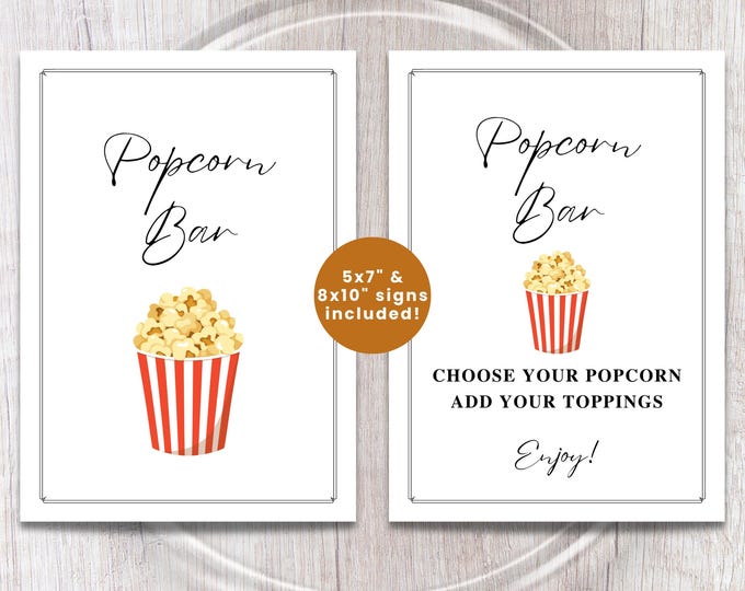 Editable Popcorn Bar Sign and Toppings Labels: Party Food Station ...