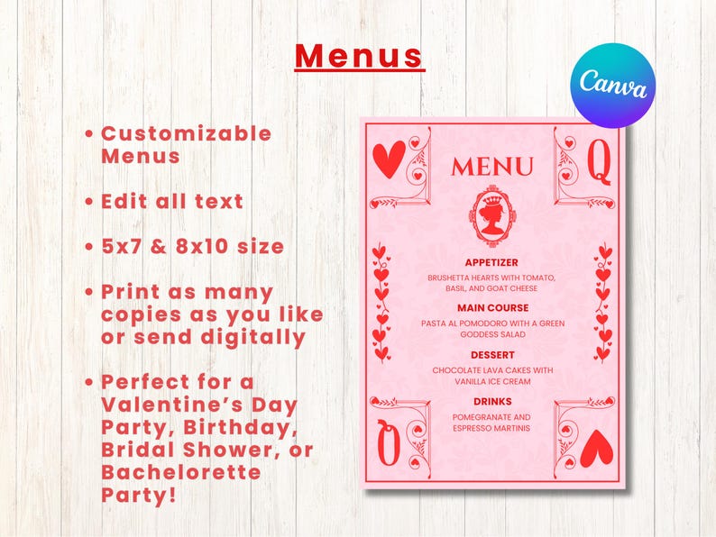 QUEEN of HEARTS MENU | Galentines Party Menu | Valentine's Party ...