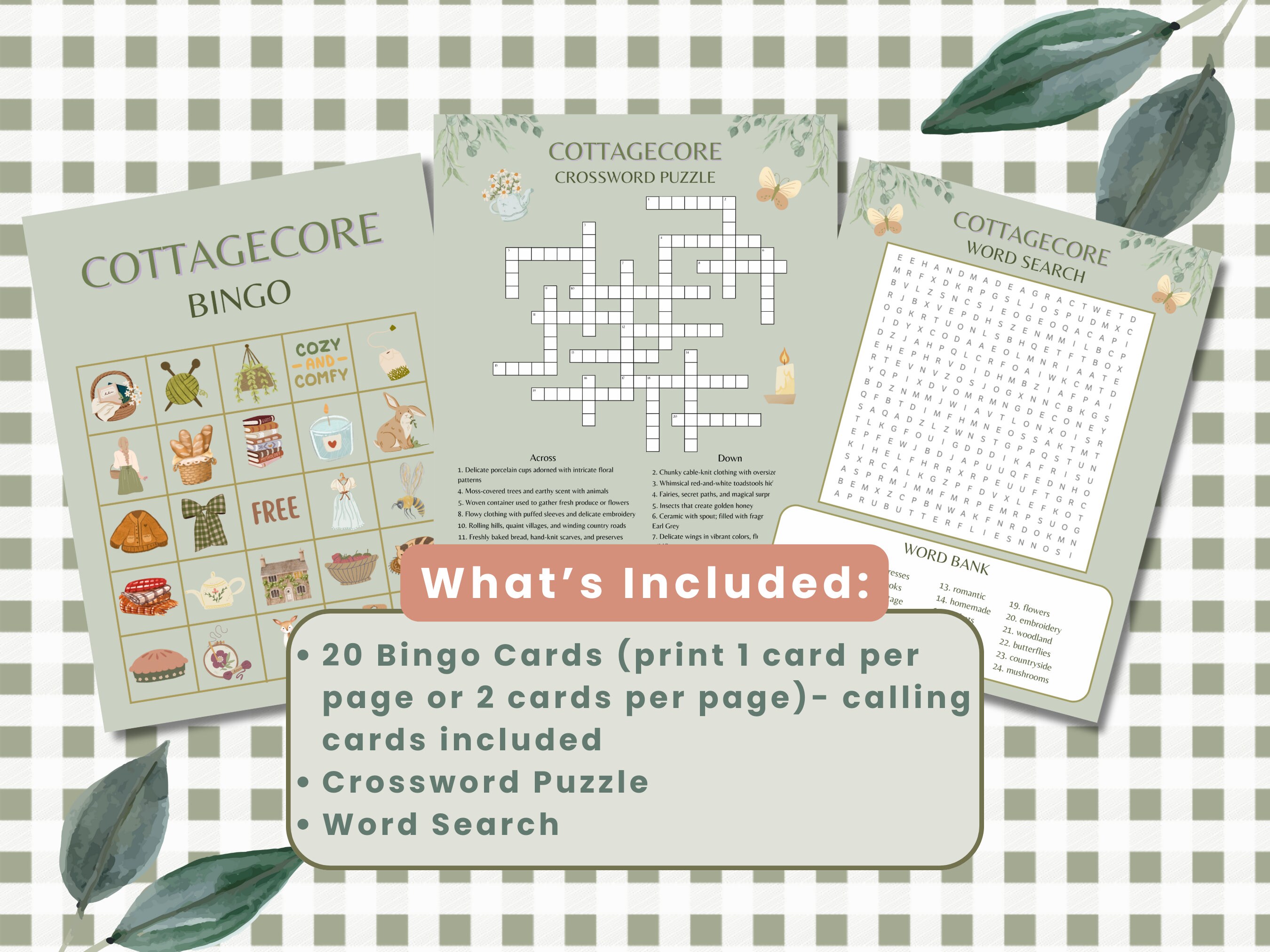 COTTAGECORE BINGO and PUZZLES Bundle | Bingo Game | Crossword Puzzle ...