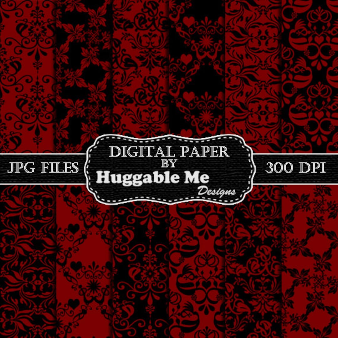 Red Damask Paper - Red & Black Digital Damask Designs, Instant Download ...