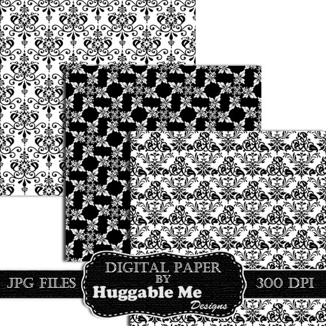 Digital Black Damask Paper Instant Download Black and White | Etsy