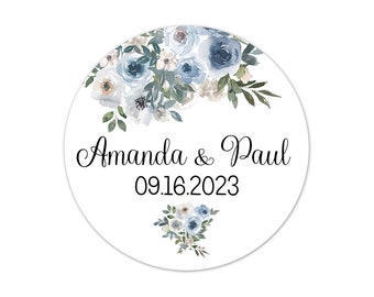 Personalized Glossy Blue Floral Favor Labels Wedding Shower Stickers ...