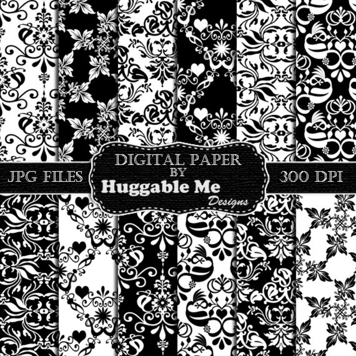 Digital Black Damask Paper Instant Download Black and White - Etsy