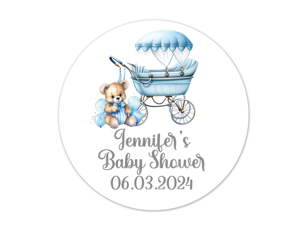 Baby Boy Shower Stickers, Blue Bear and Carriage Thank You Labels for ...