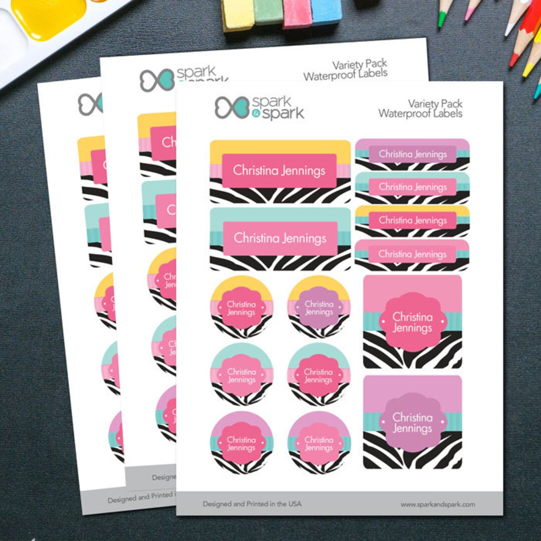 School Supply Labels - Colorful Zebra - Personalized Name Labels ...
