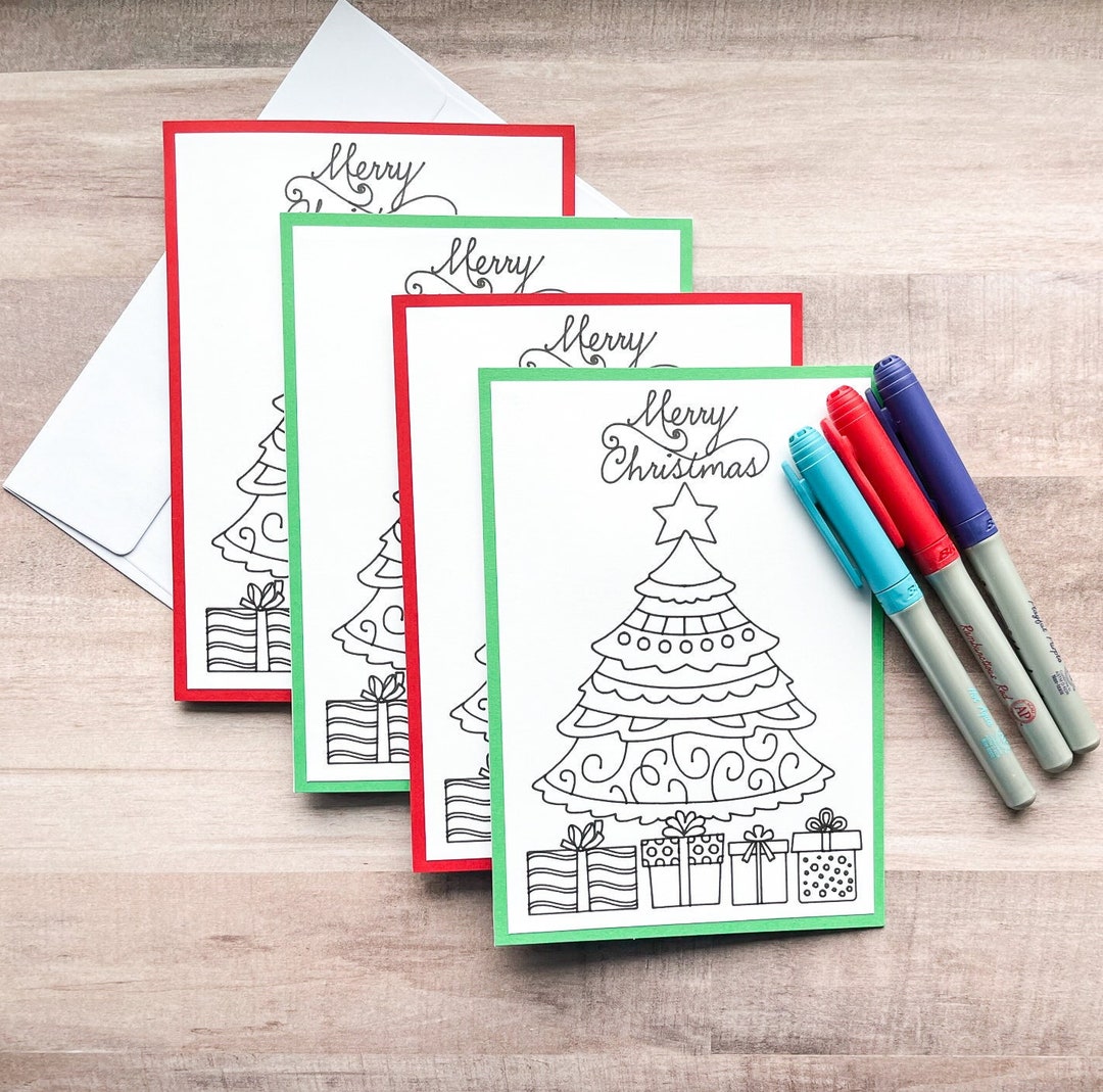 Set of 4 Color Your Own Christmas Cards, Christmas Coloring Cards, DIY ...