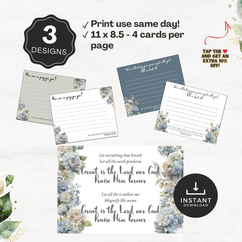 Printable Prayer Request Cards: Blue Floral Christian Bible Study (PDF ...