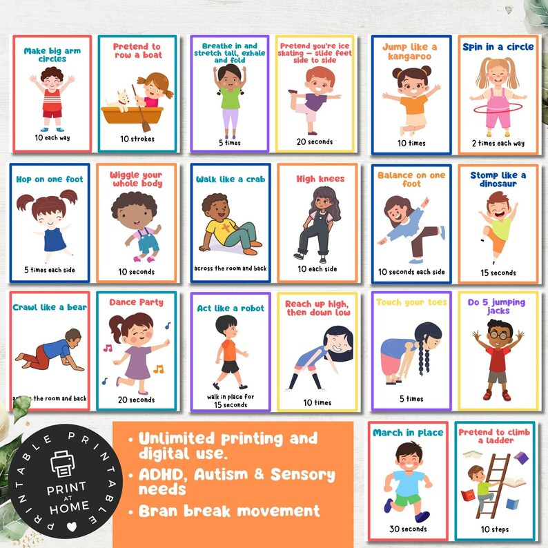 Movement Break Cards for Kids | Sensory Activity Flashcards | Brain ...