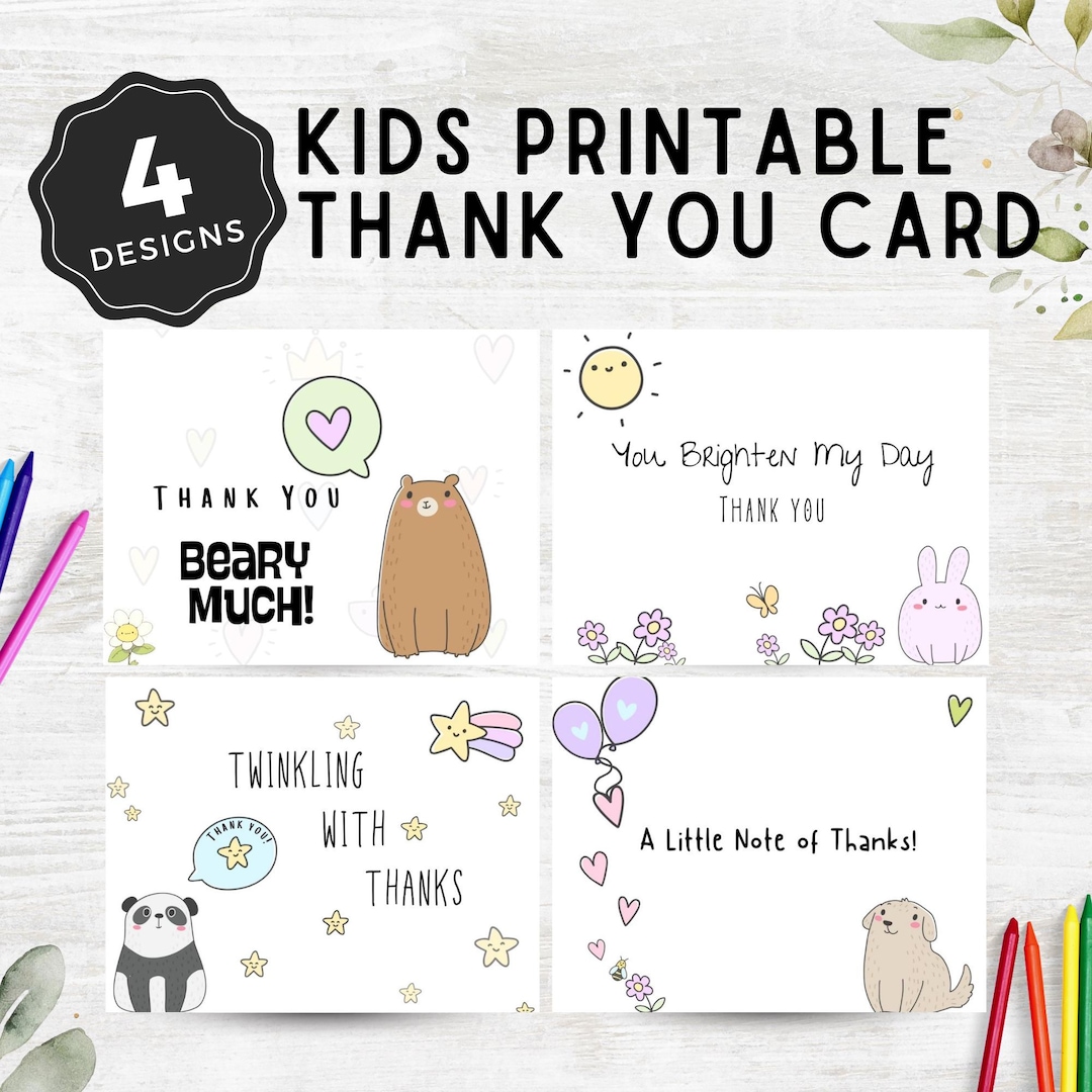 Kid's Thank You Cards, Cute Printable Appreciation, Kids Thank You Note ...