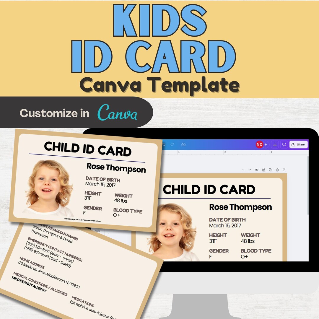 Kids ID Card Canva Printable, Custom Child ID Badge Template, Editable ...