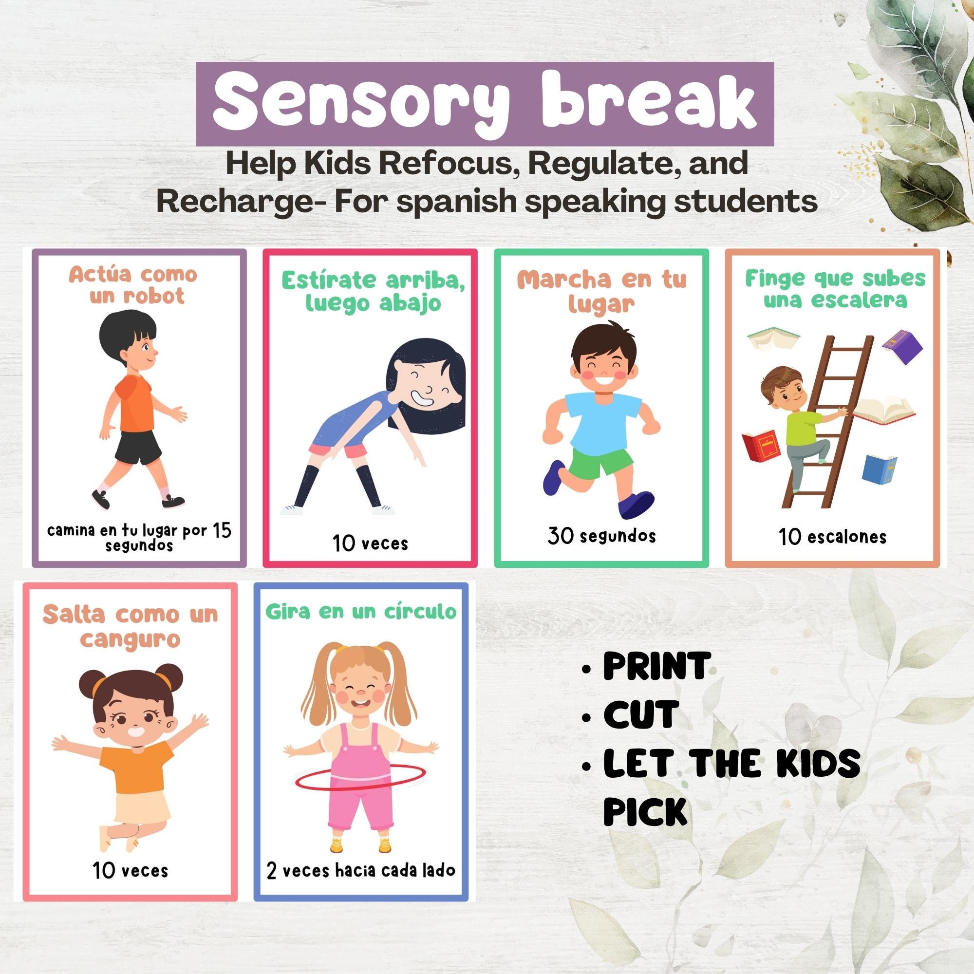 Spanish Movement Break Cards for Kids: ADHD and Autism Sensory Activity ...