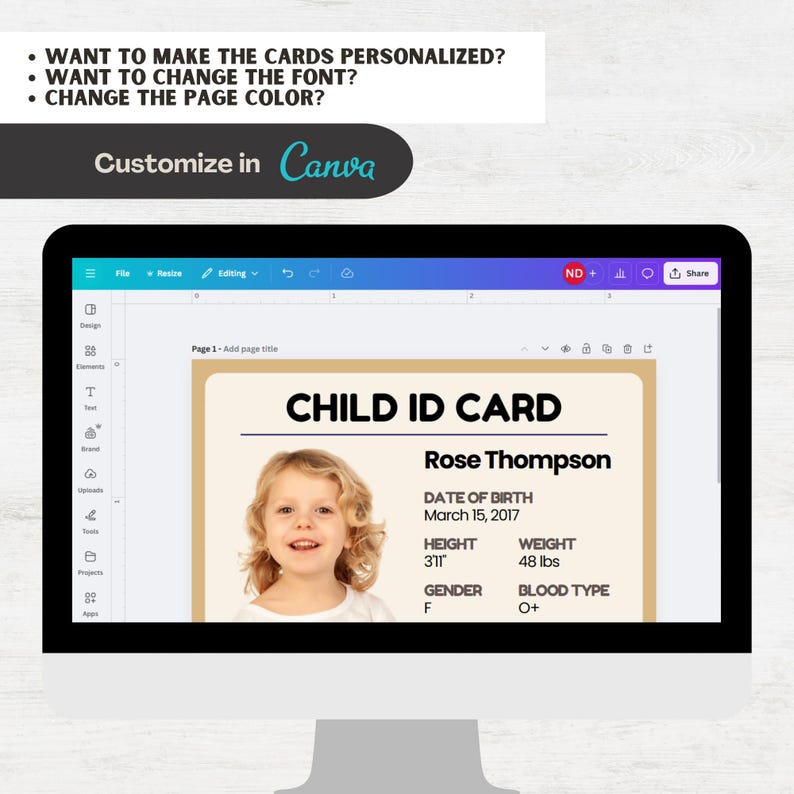 Custom Kids ID Card Template: Editable Child Safety Badge (canva ...