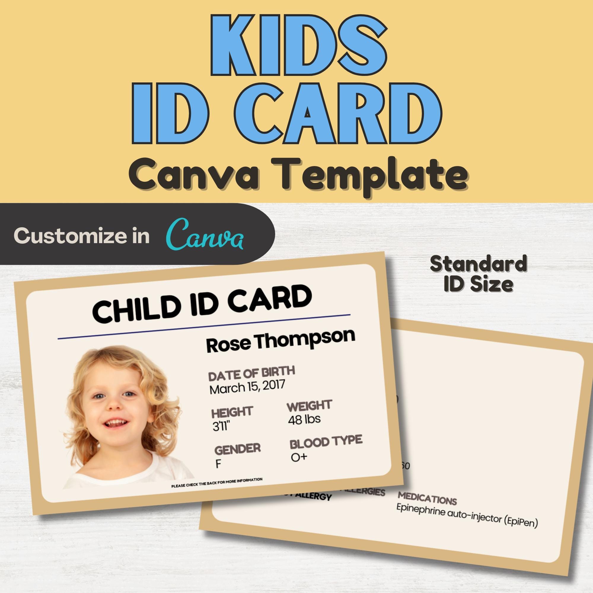 Custom Kids ID Card Template: Editable Child Safety Badge (canva ...