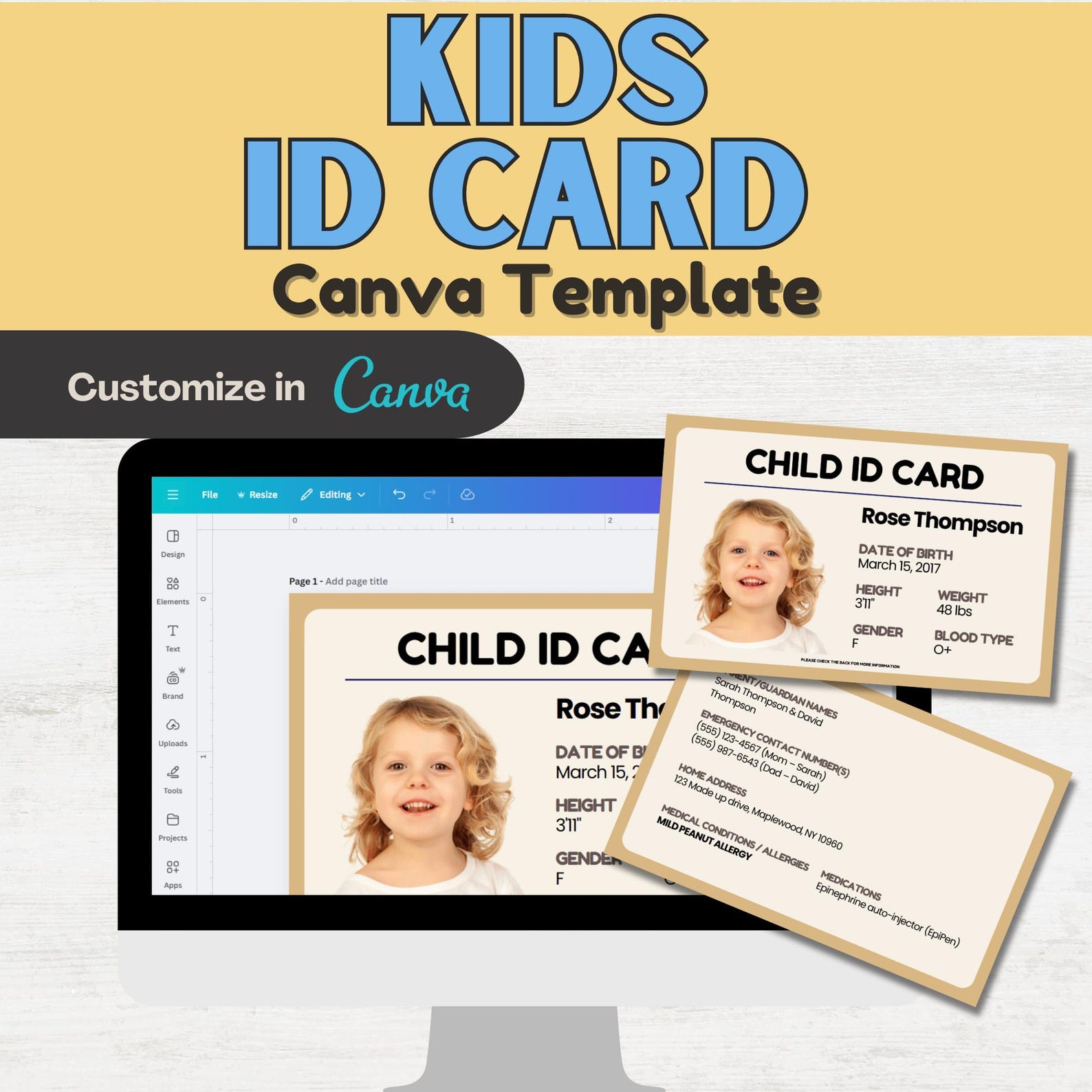 Custom Kids ID Card Template: Editable Child Safety Badge (canva ...