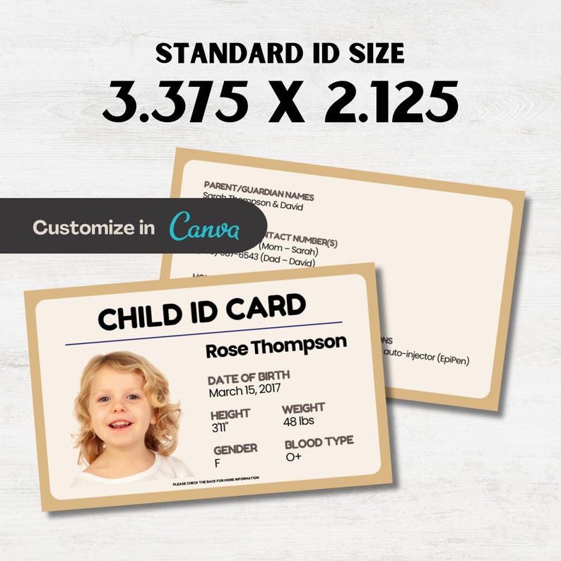Custom Kids ID Card Template: Editable Child Safety Badge (canva ...