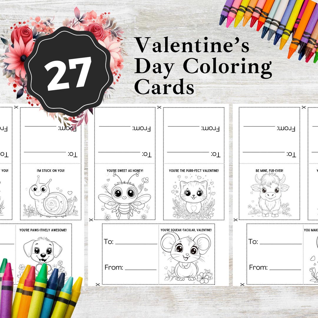 Valentines Coloring Cards, Printable Cute Animal Cards for Kids, Book ...