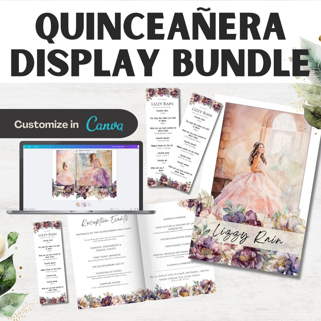 All-in-one Quinceanera Party Bundle, Canva Editable, Floral Mis Quince ...