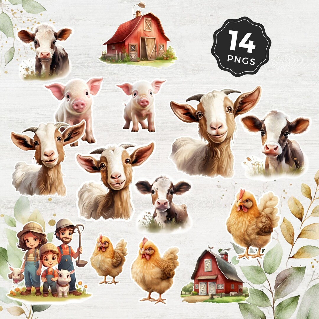 Farm Animal Clipart PNG Watercolor Farmyard Animals for Baby Showers ...