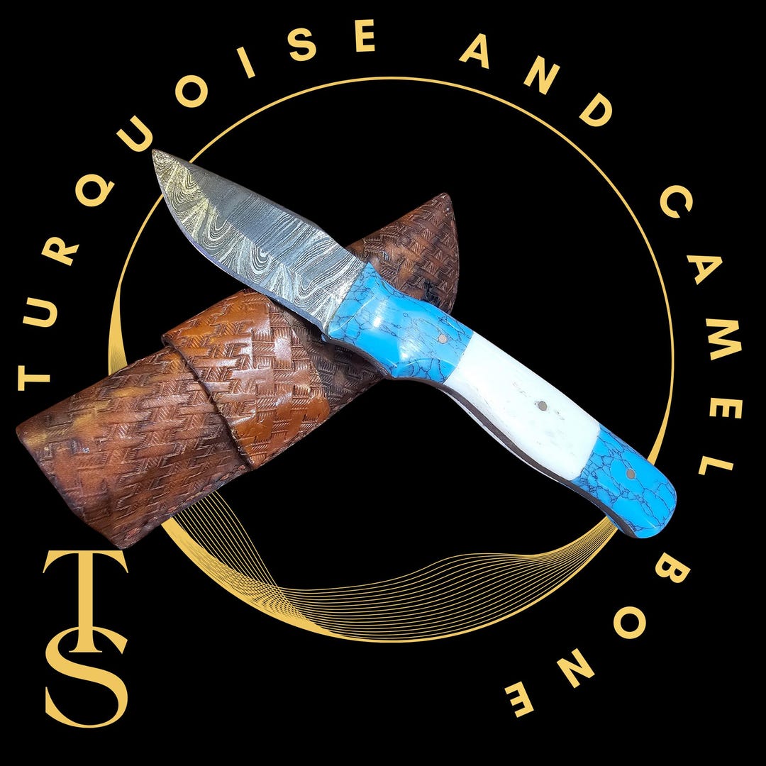 Handmade Damascus Hunting Knife: Camel Bone & Turquoise Handle, Hybrid ...