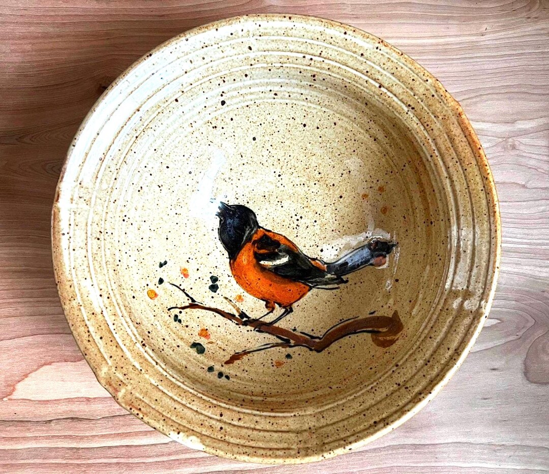 Large Wheel Thrown Pottery Bowl With Hand-painted Songbird - Etsy
