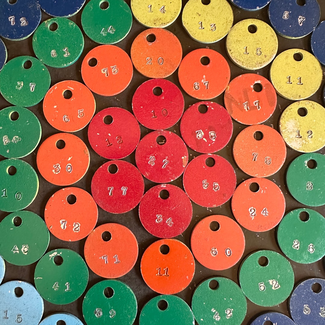 Set of Vintage Colorful Random Number Aluminum Tags, Vintage Rainbow Bright Color Industrial ...