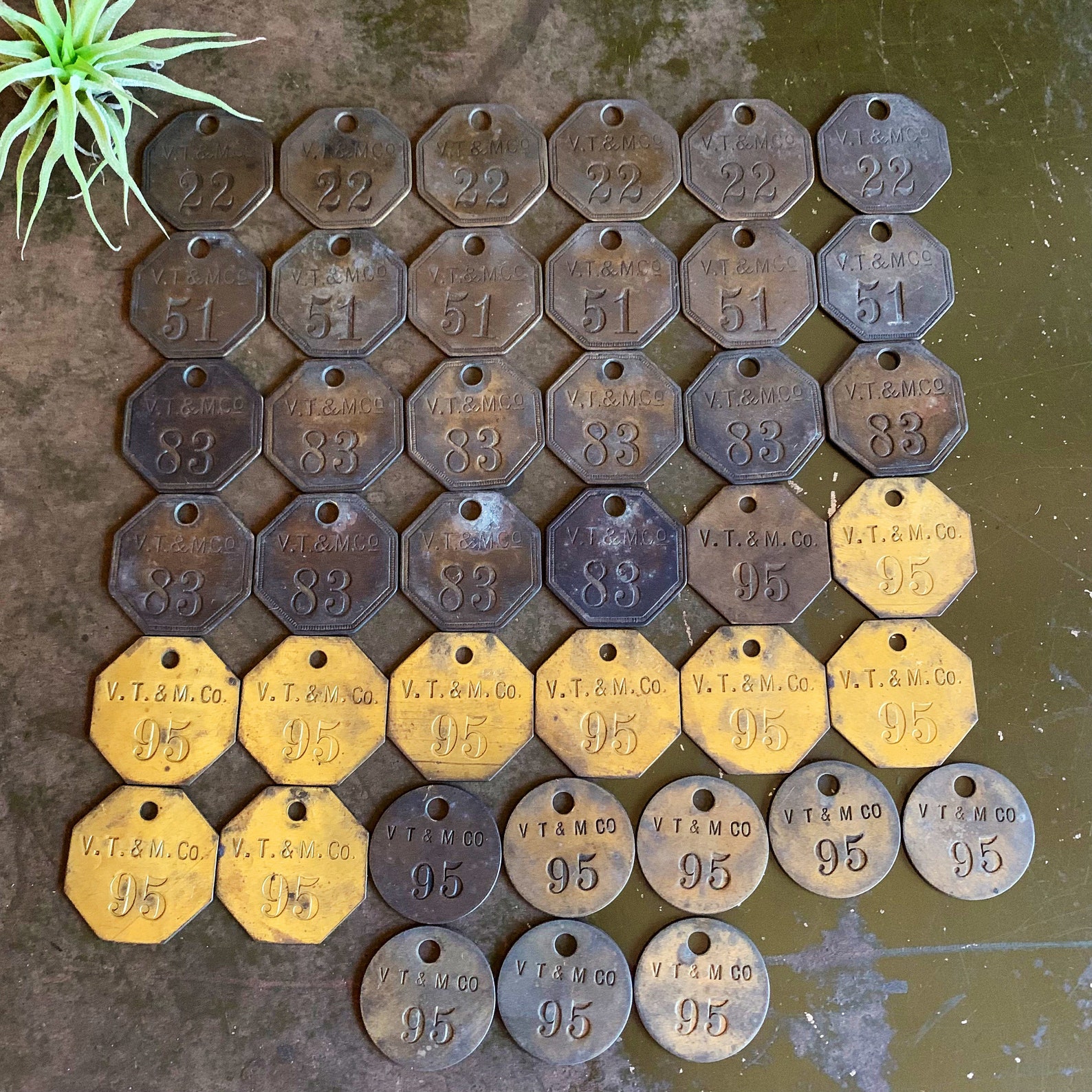 Vintage Brass Company Tags, V T & M Co Number Tags, Octagon and Round ...