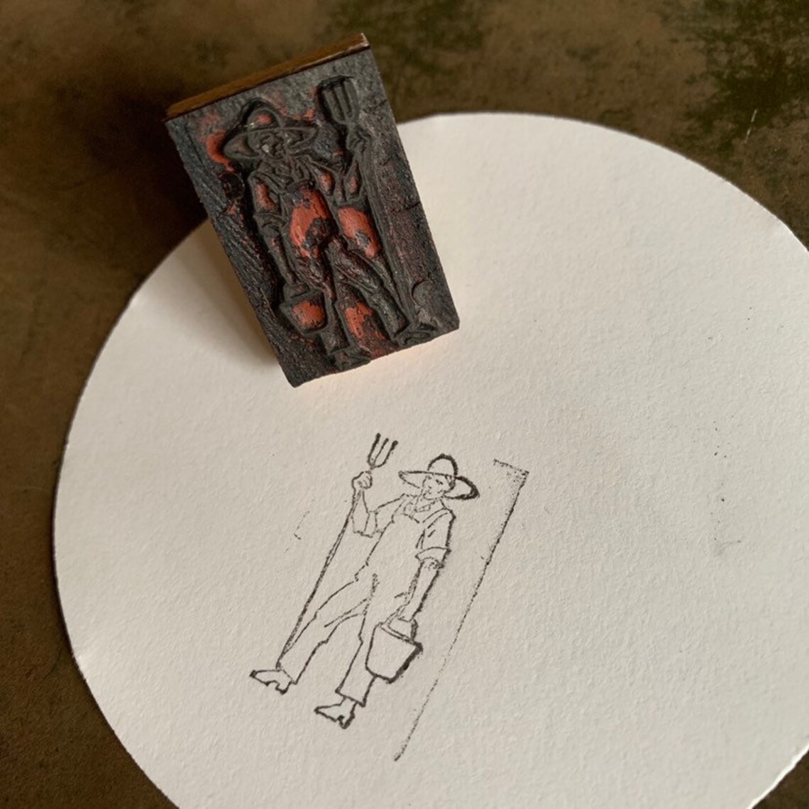 Vintage Farmer Stamp With Holding Pitchfork And Bucket Rubber | Etsy