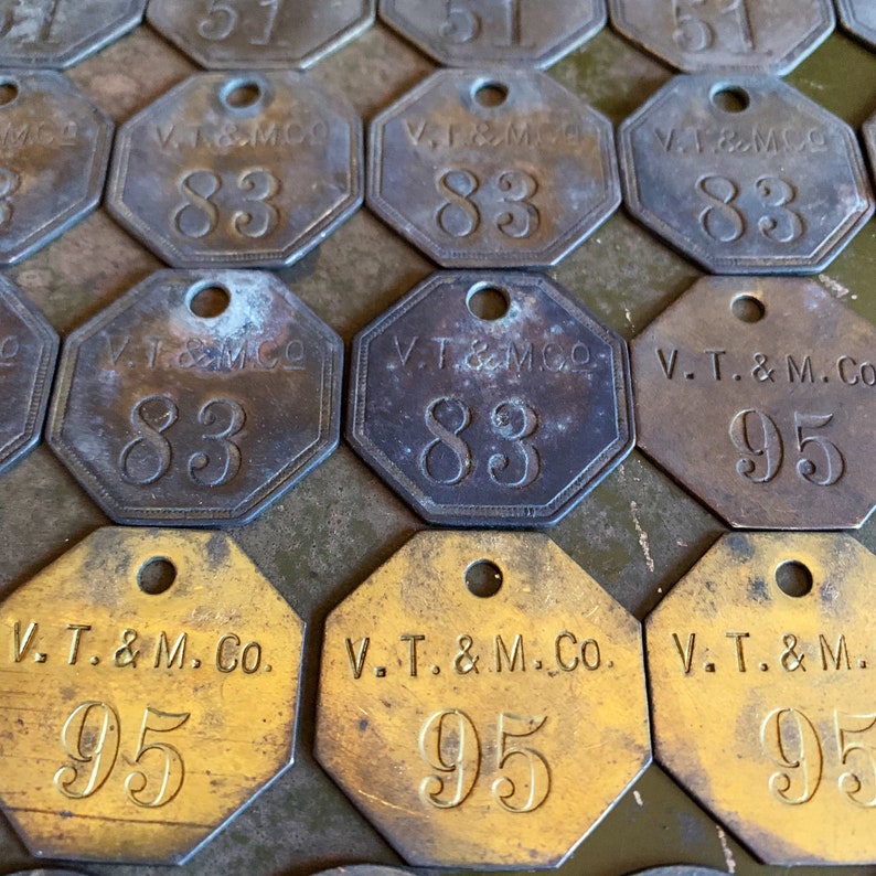 Vintage Brass Company Tags, V T & M Co Number Tags, Octagon and Round ...