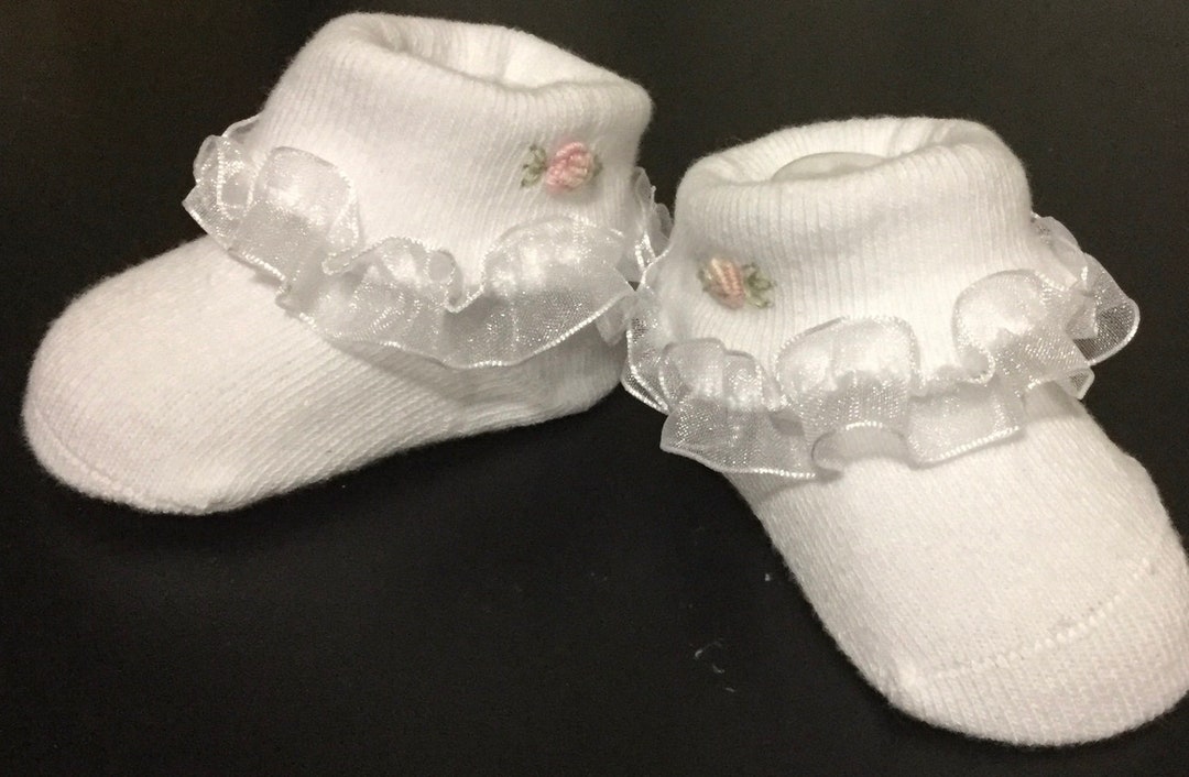 Baby Girl Sockets With Pink Hand Embroidered Rose. - Etsy